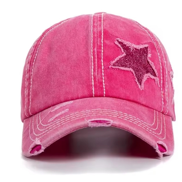 None | Accessories | Nwt Pink 5 Star Design Distressed Cotton Baseball ...